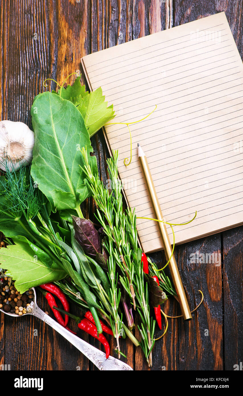 note for recipe and spice on the table Stock Photo - Alamy