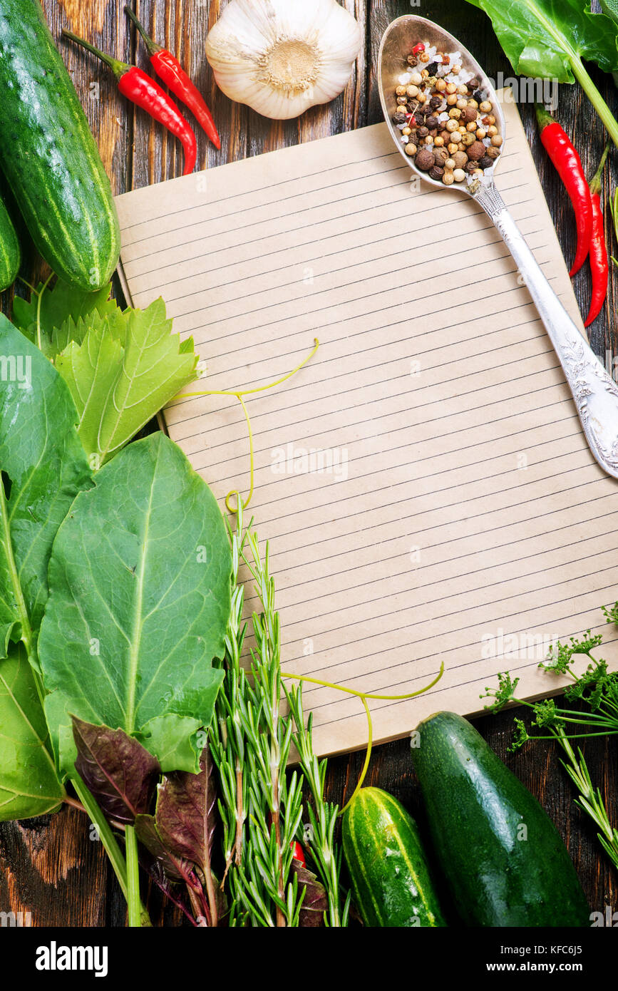 note for recipe and spice on the table Stock Photo - Alamy