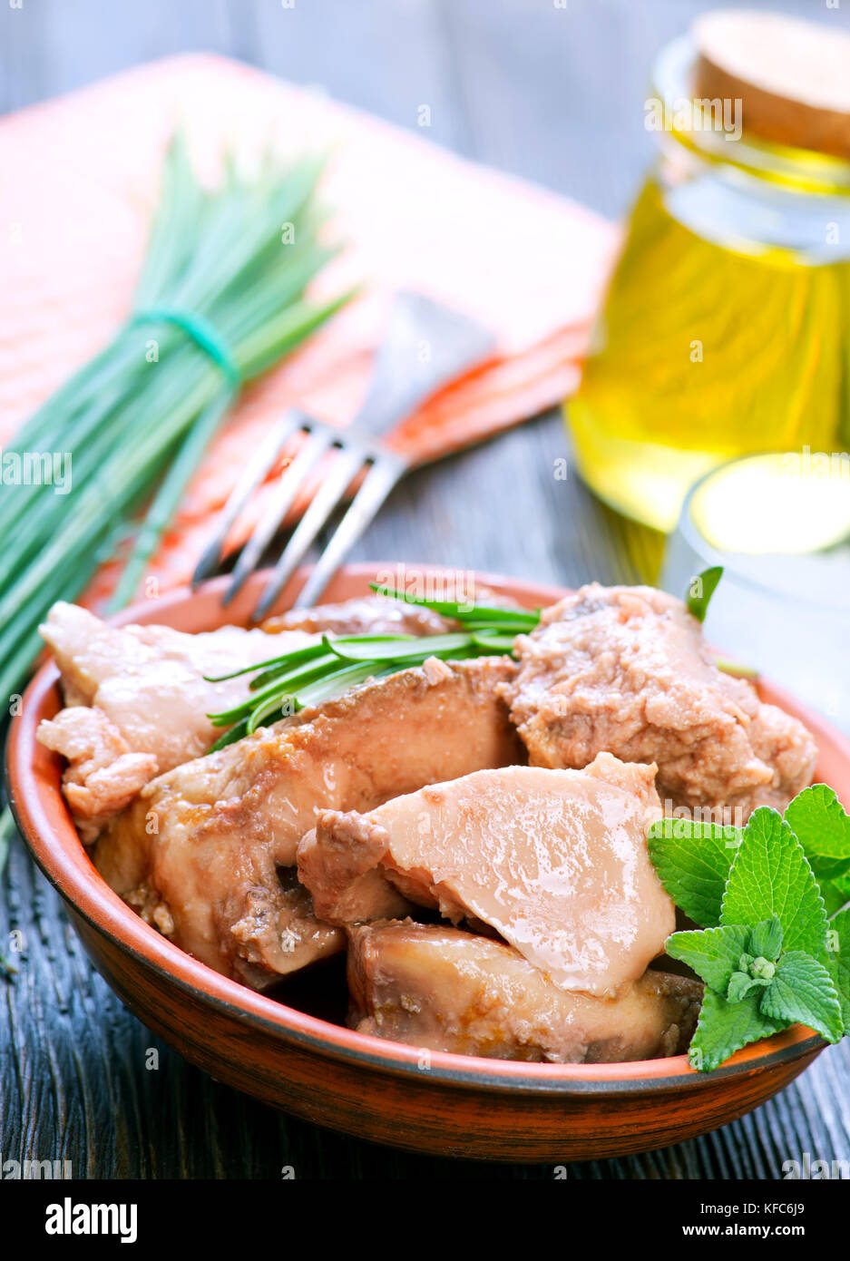 liver cod in bowl and on a table Stock Photo - Alamy