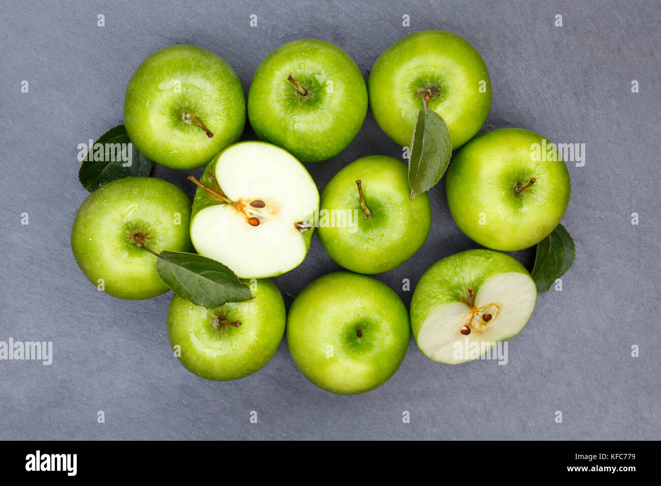 Apples apple fruit fruits slate green top view food Stock Photo - Alamy