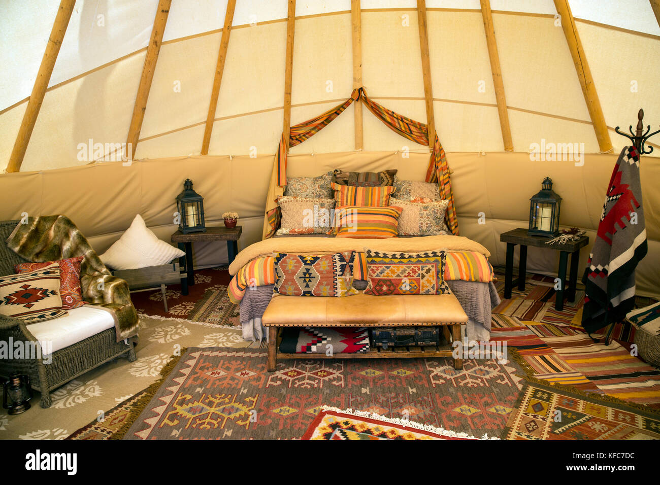 USA, Nevada, Wells, inside of the Luxury Tipis offered at Mustang ...