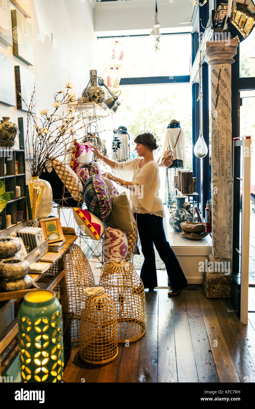USA, Oregon, Ashland, interior of the local retail store Papaya Living ...