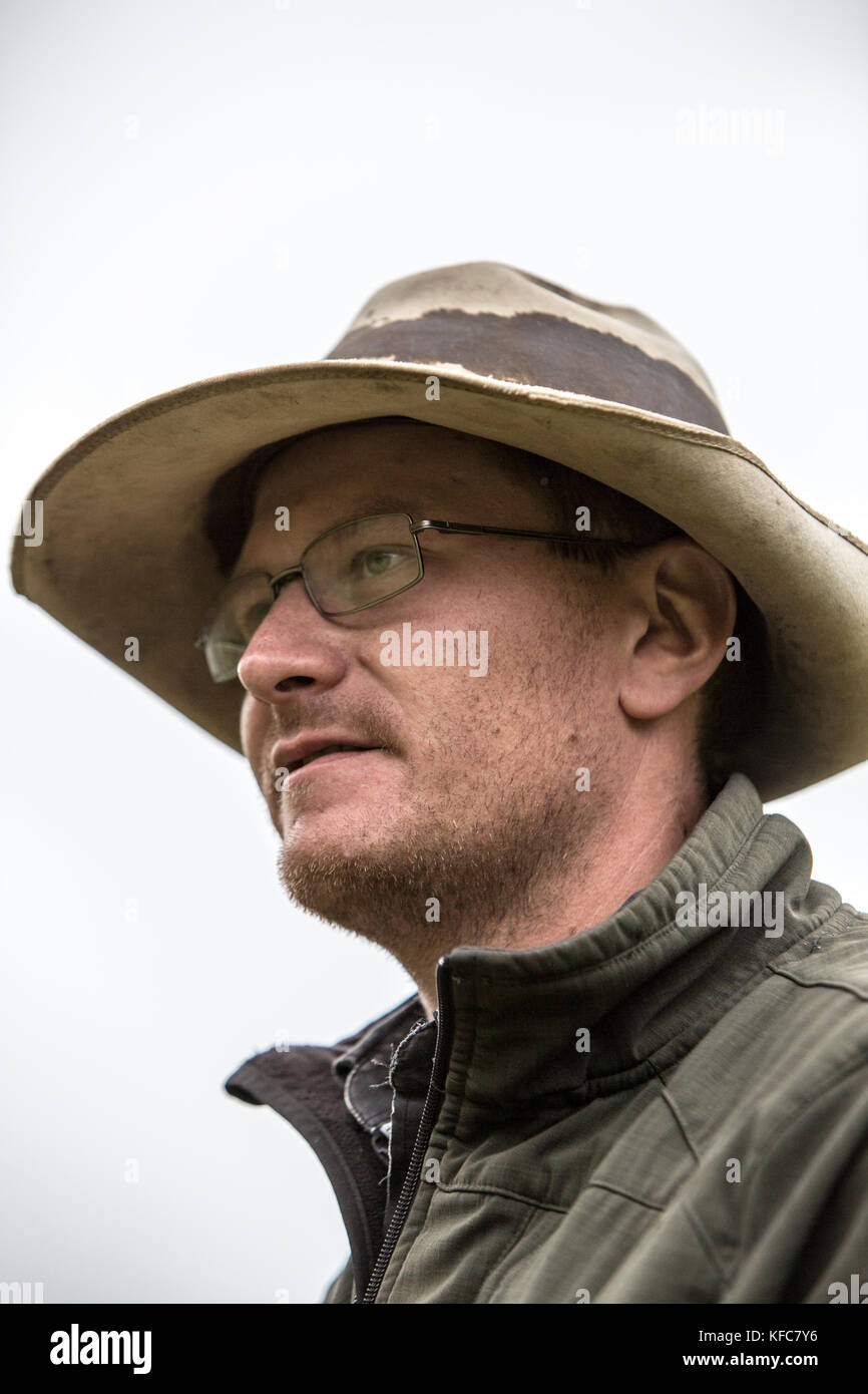 USA, Oregon, Joseph, portrait of cowboy Cody Ross in the canyon up Big ...