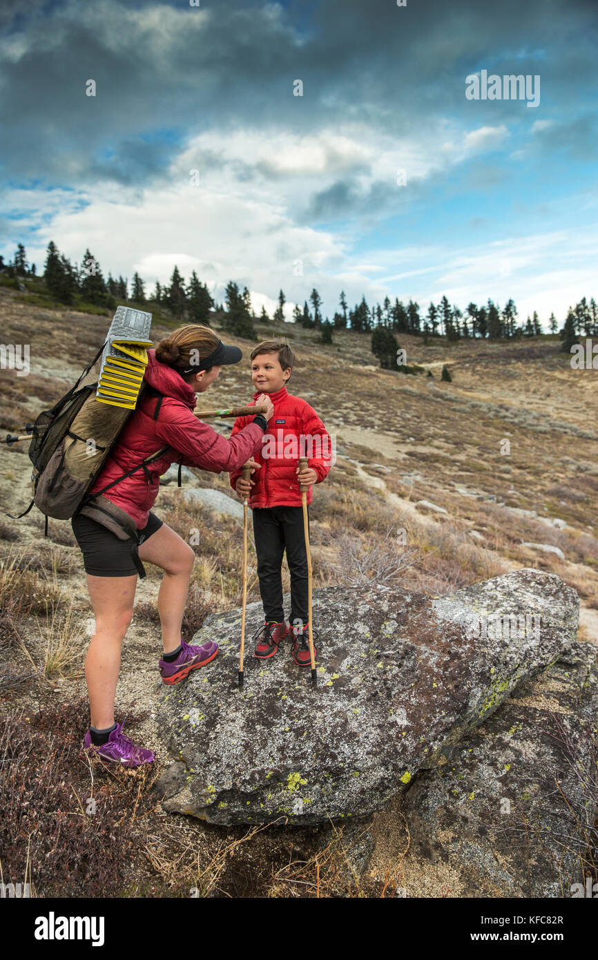 USA, Oregon, Ashland, 6 year old Christian Rego aka Buddy Backpacker ...
