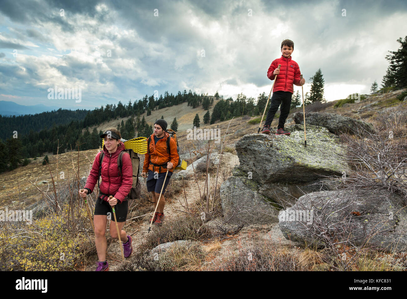 USA, Oregon, Ashland, 6 year old Christian Rego aka Buddy Backpacker ...