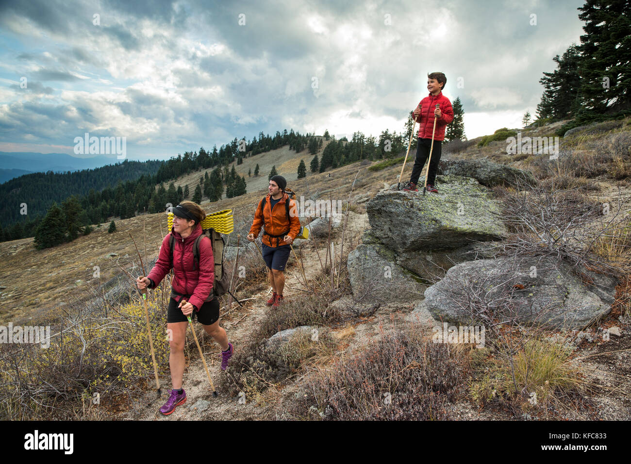 USA, Oregon, Ashland, 6 year old Christian Rego aka Buddy Backpacker ...
