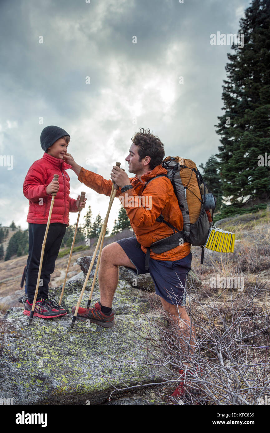 USA, Oregon, Ashland, 6 year old Christian Rego aka Buddy Backpacker ...