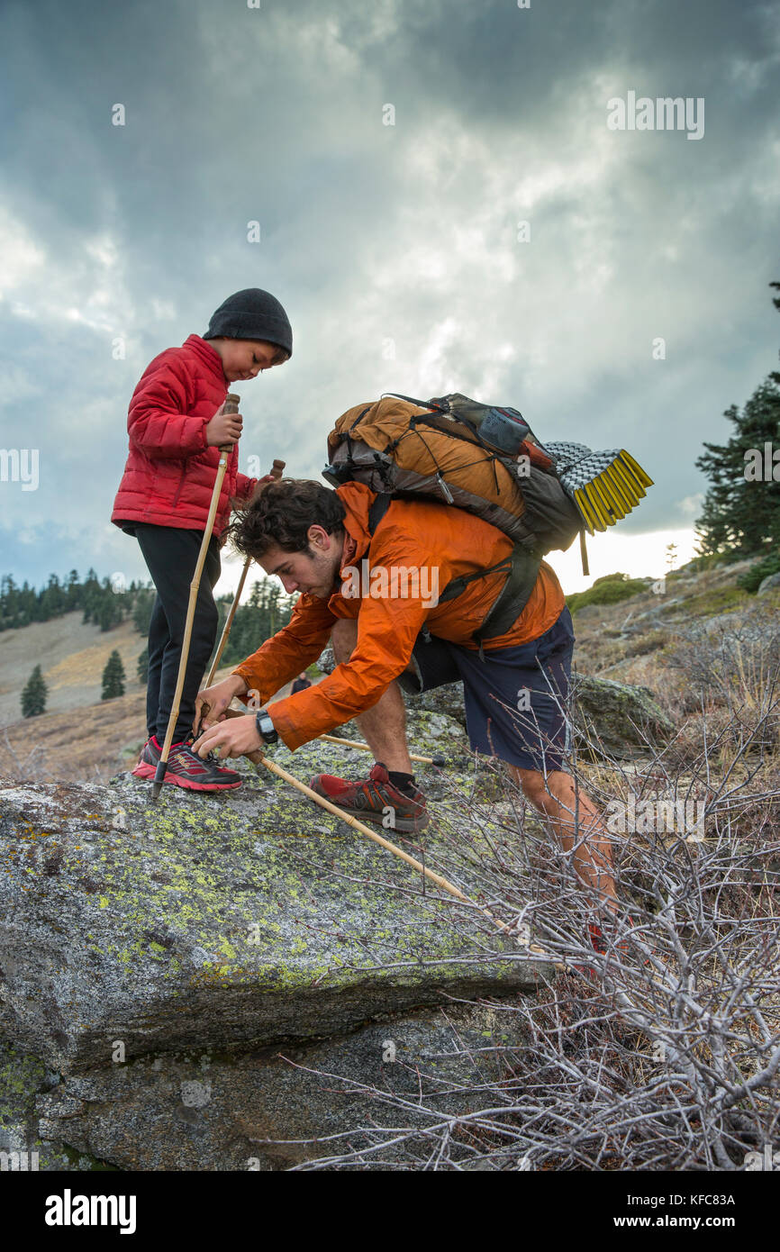 USA, Oregon, Ashland, 6 year old Christian Rego aka Buddy Backpacker ...