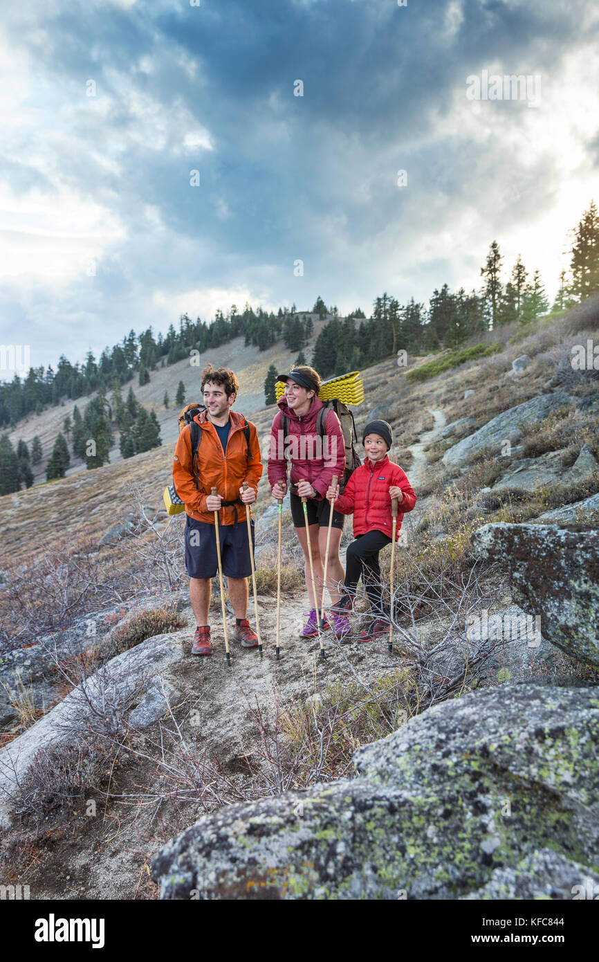 USA, Oregon, Ashland, 6 year old Christian Rego aka Buddy Backpacker ...