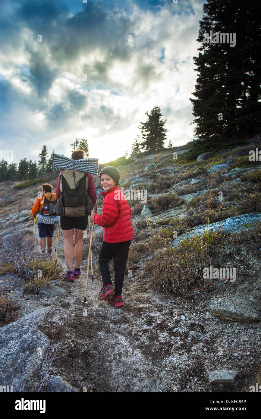 USA, Oregon, Ashland, 6 year old Christian Rego aka Buddy Backpacker ...