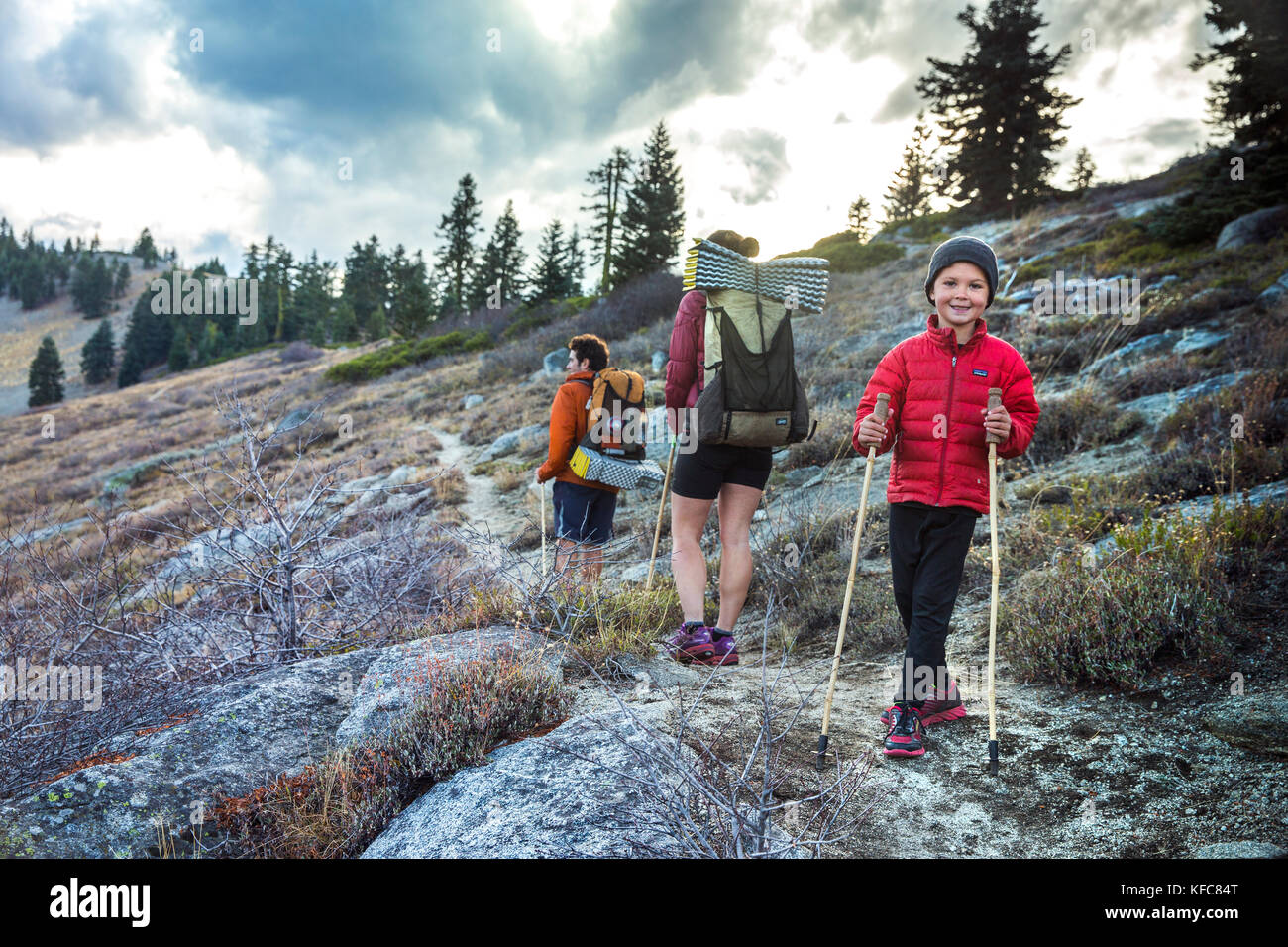 USA, Oregon, Ashland, 6 year old Christian Rego aka Buddy Backpacker ...