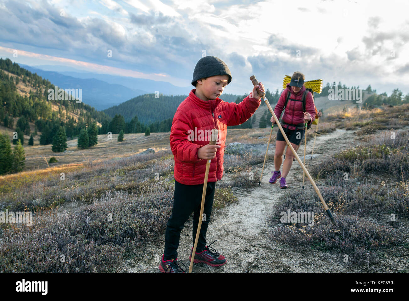 USA, Oregon, Ashland, 6 year old Christian Rego aka Buddy Backpacker ...