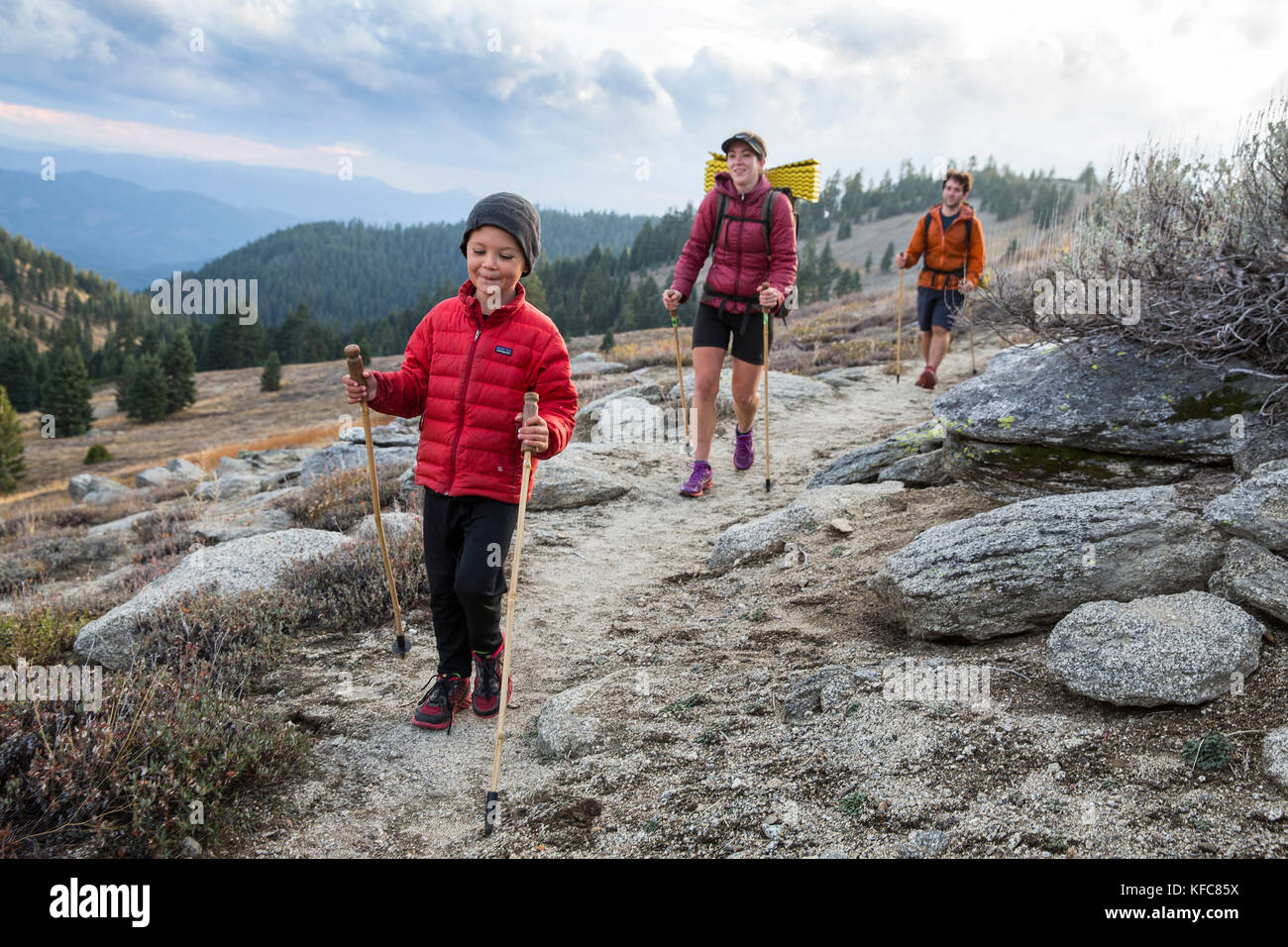USA, Oregon, Ashland, 6 year old Christian Rego aka Buddy Backpacker ...