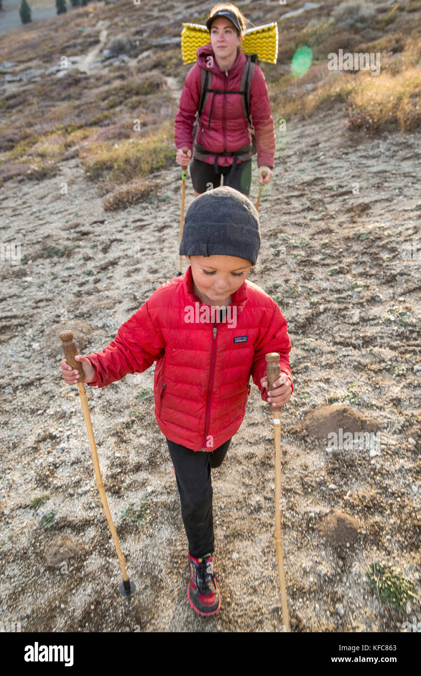 USA, Oregon, Ashland, 6 year old Christian Rego aka Buddy Backpacker ...