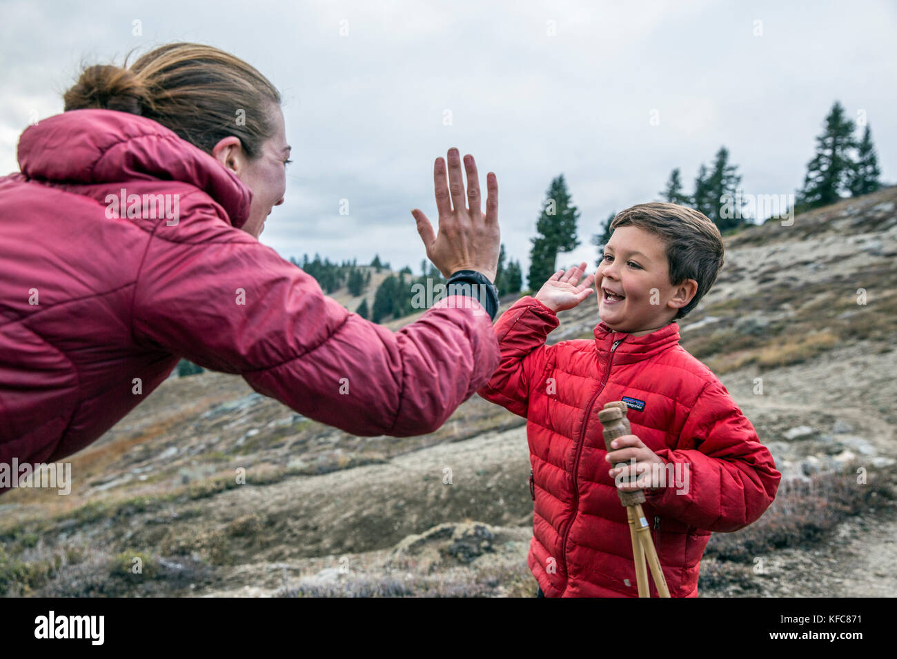 USA, Oregon, Ashland, 6 year old Christian Rego aka Buddy Backpacker ...
