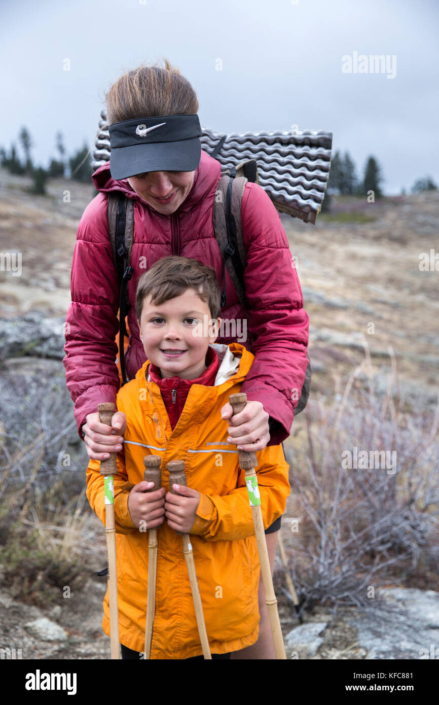 USA, Oregon, Ashland, 6 year old Christian Rego aka Buddy Backpacker ...