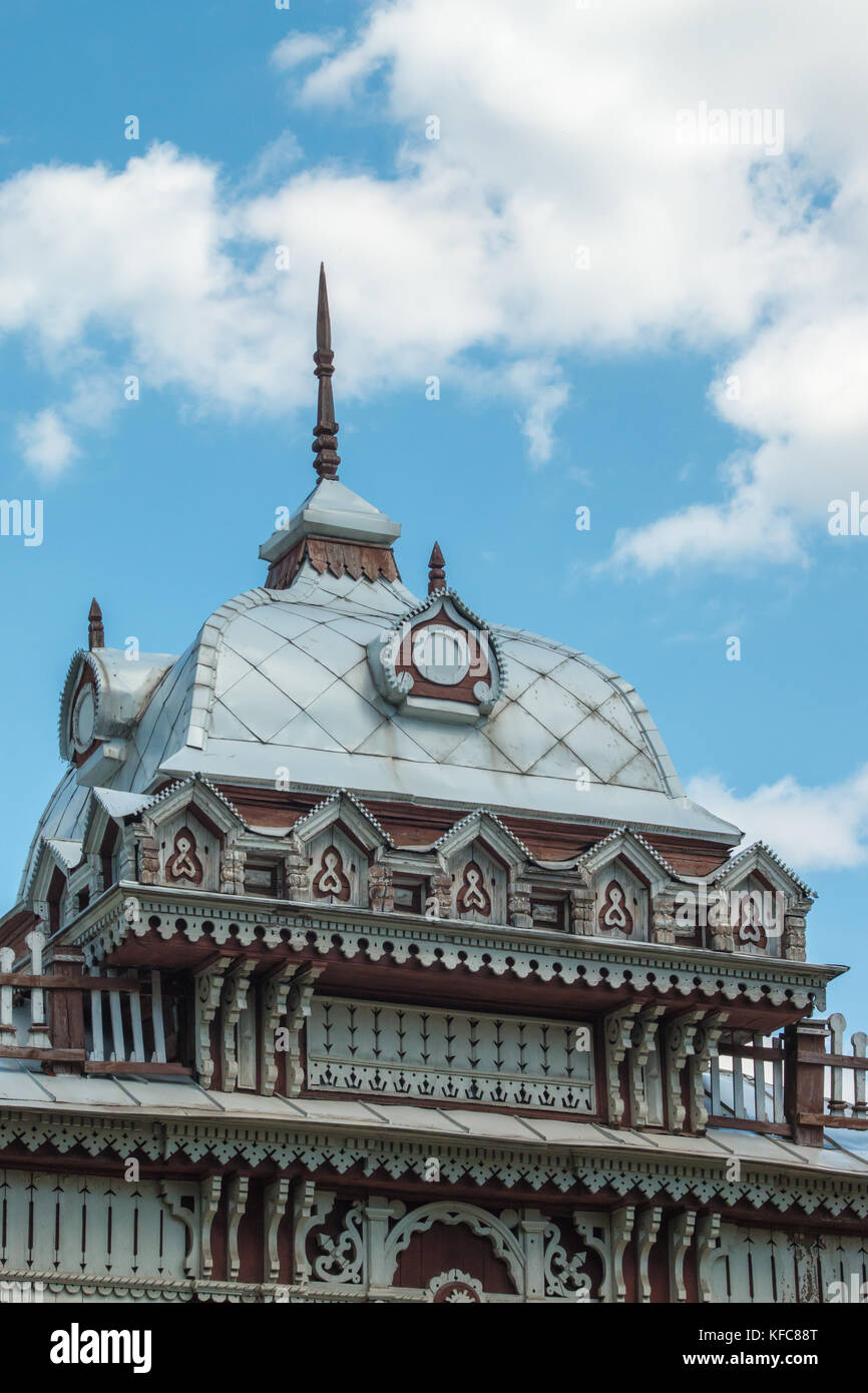 The roof of an ancient historic Russian building of wooden architecture ...