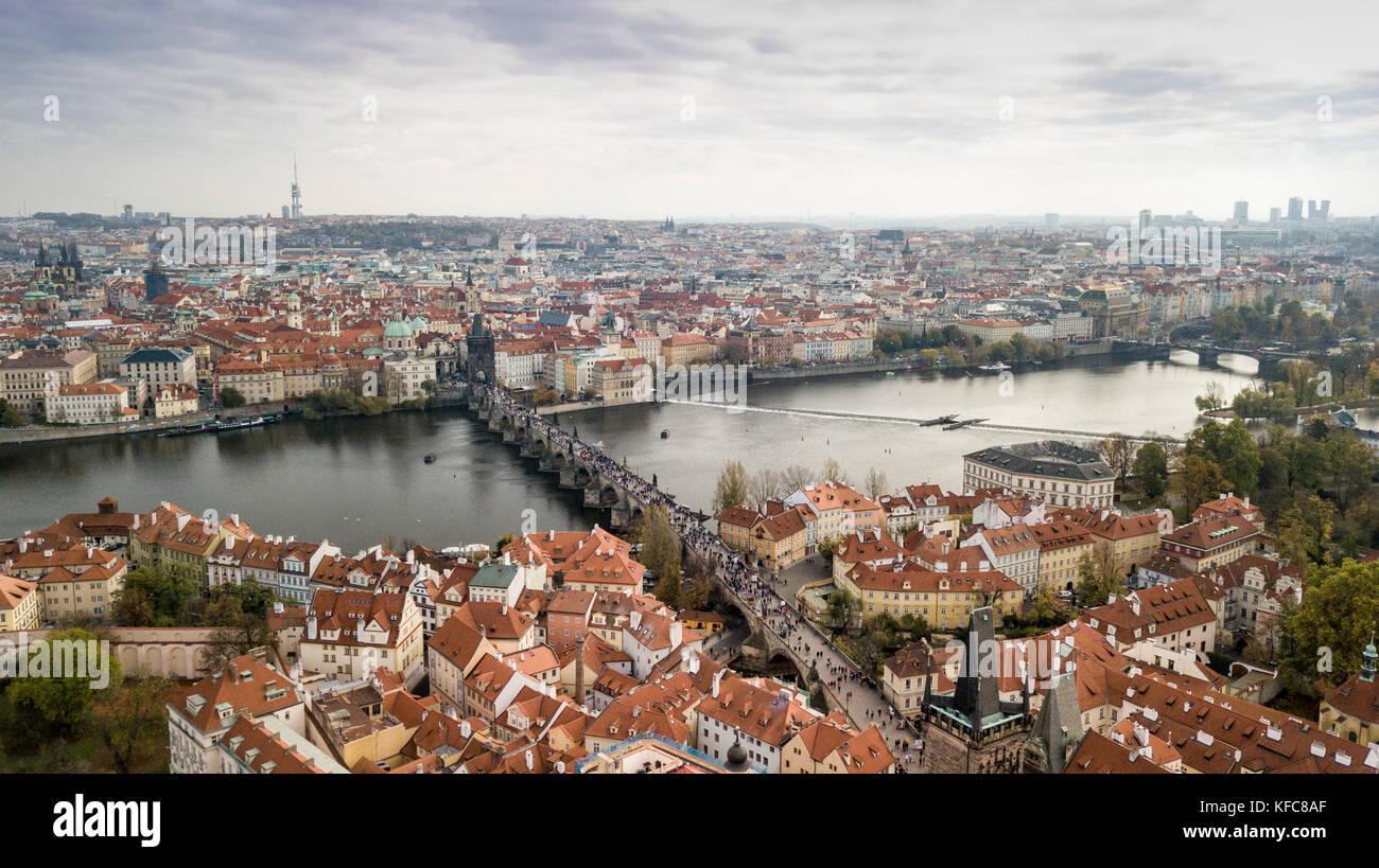 Panorama view of Prague skyline with Charles bridge and Vltava river ...