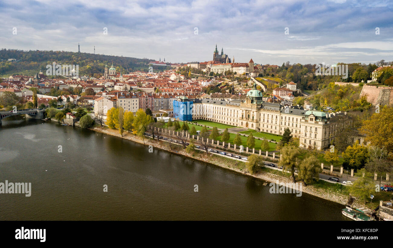 Panorama view of Prague skyline with Charles bridge and Vltava river ...