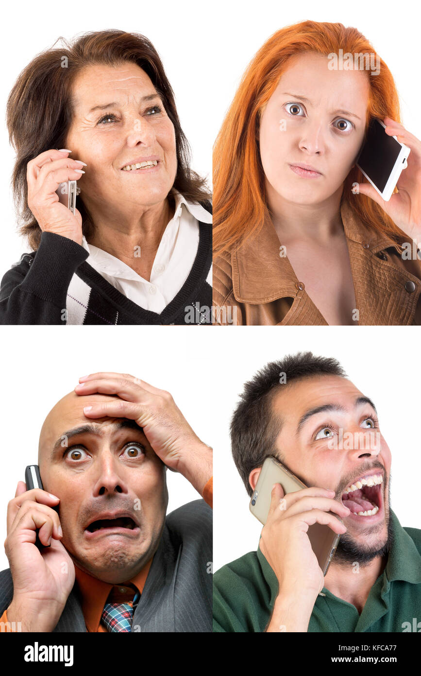 Several faces at the phone isolated in white Stock Photo - Alamy