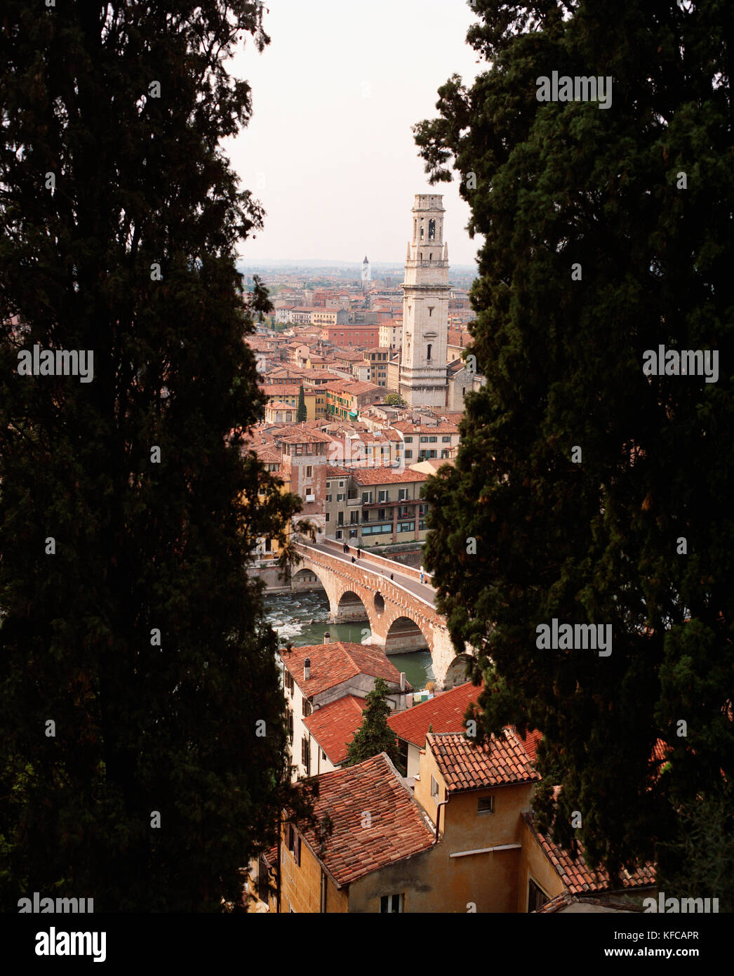 ITALY, Verona, elevated view of tower with cityscape and bridge Stock ...