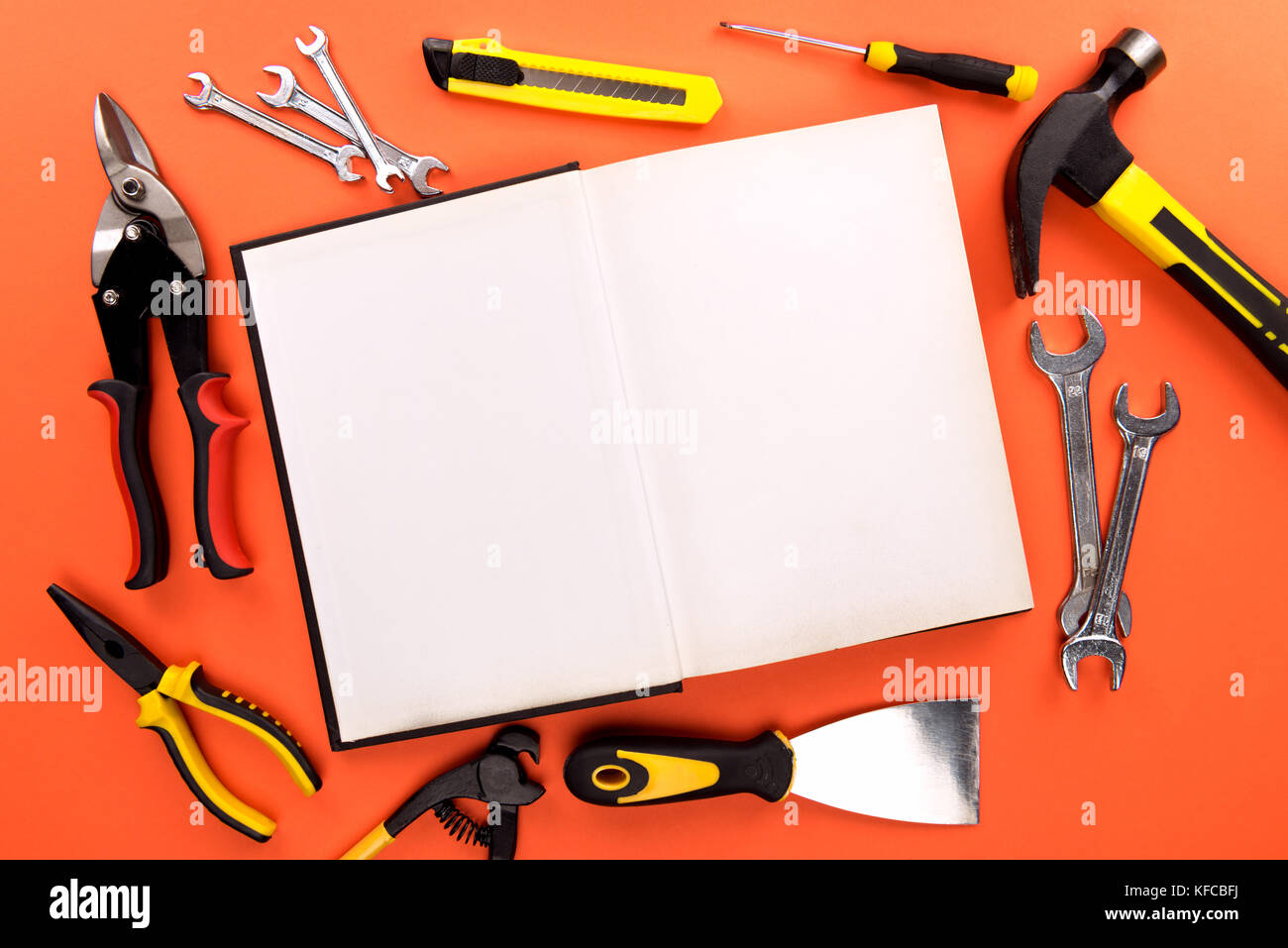 open notebook and tools Stock Photo - Alamy