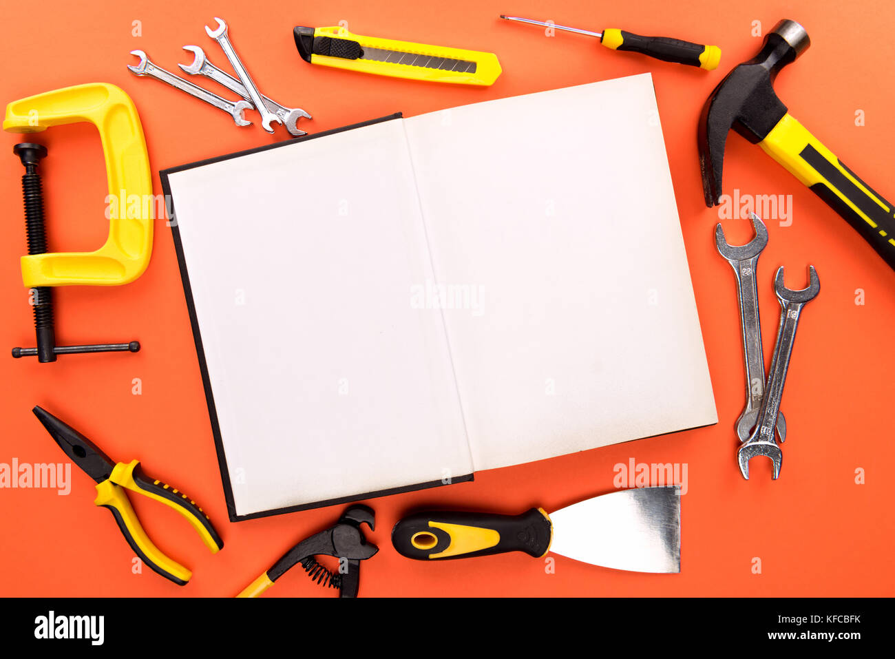 open notebook and tools Stock Photo - Alamy