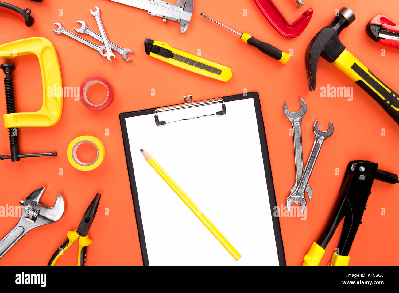 Clipboard and reparement tools Stock Photo - Alamy