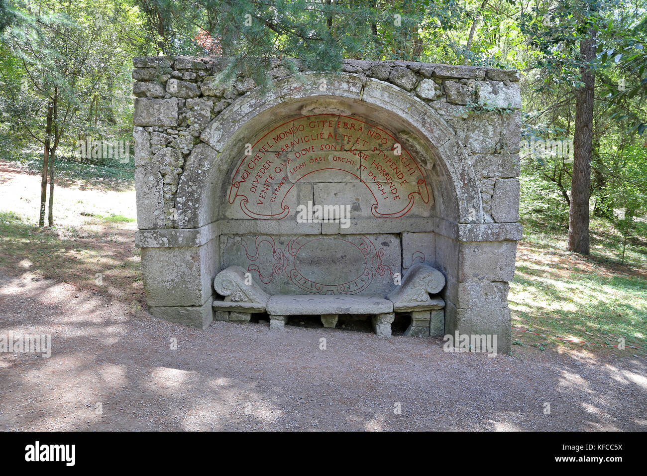 BOMARZO, ITALY - 2 JULY 2017 - Etruscan bench at the Monster Park in ...
