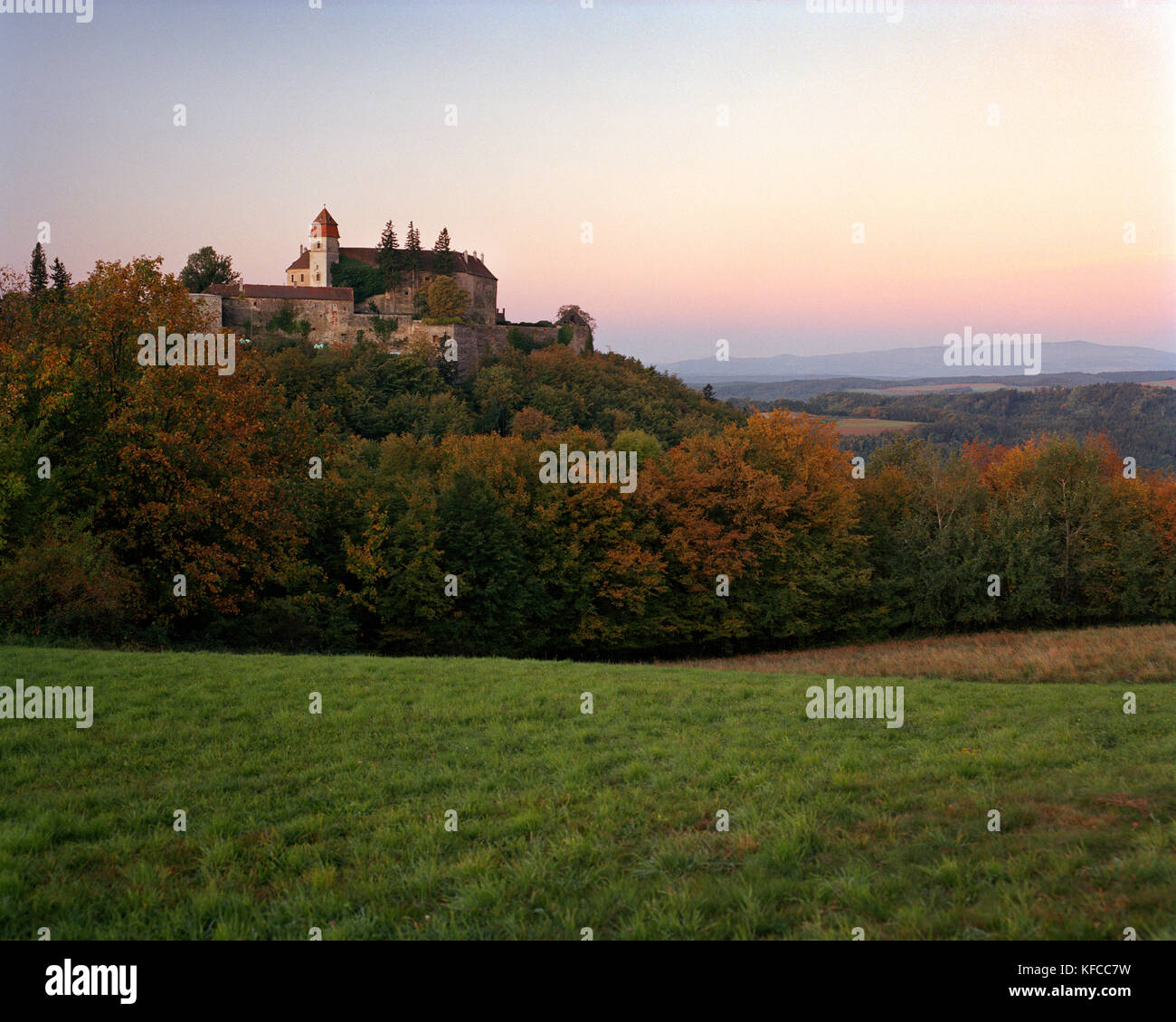 AUSTRIA, Bernstein, Burg Bernstein Castle at sunrise, Burgenland Stock ...