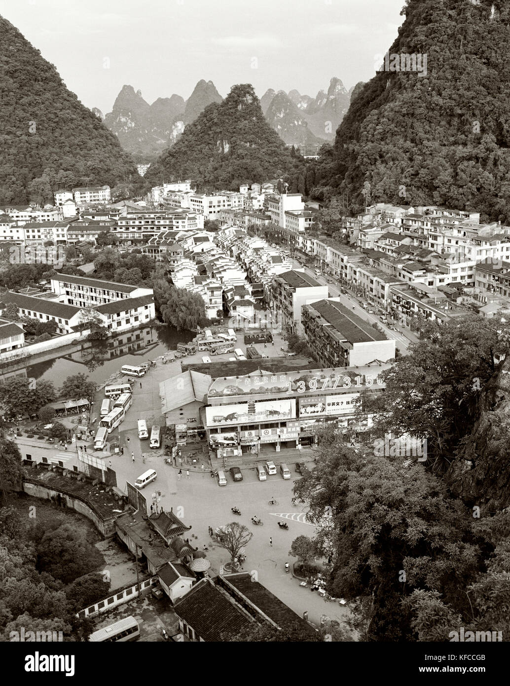 CHINA, Guilin, elevated view of Guilin and limestone spires at dusk (B ...