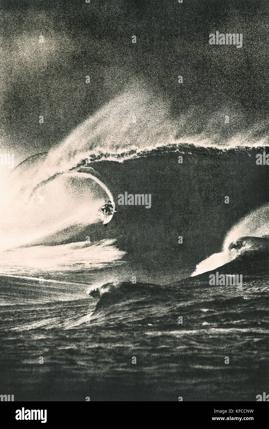 FIJI, man surfing on a big wave at Frigates Pass (B&W Stock Photo - Alamy