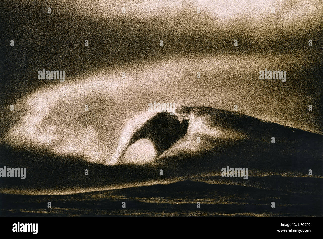 Fiji, a large wave breaks at the Frigates Pass surf destination (B&W ...