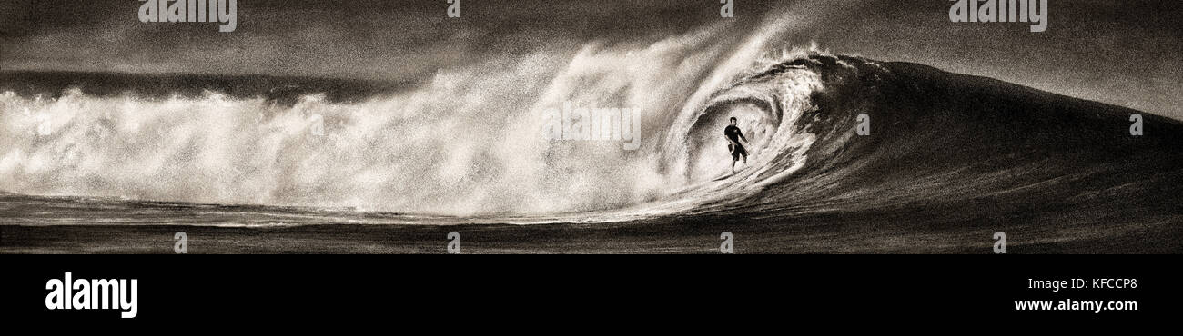 FIJI, man surfing in the tube at Frigates Pass (B&W Stock Photo - Alamy
