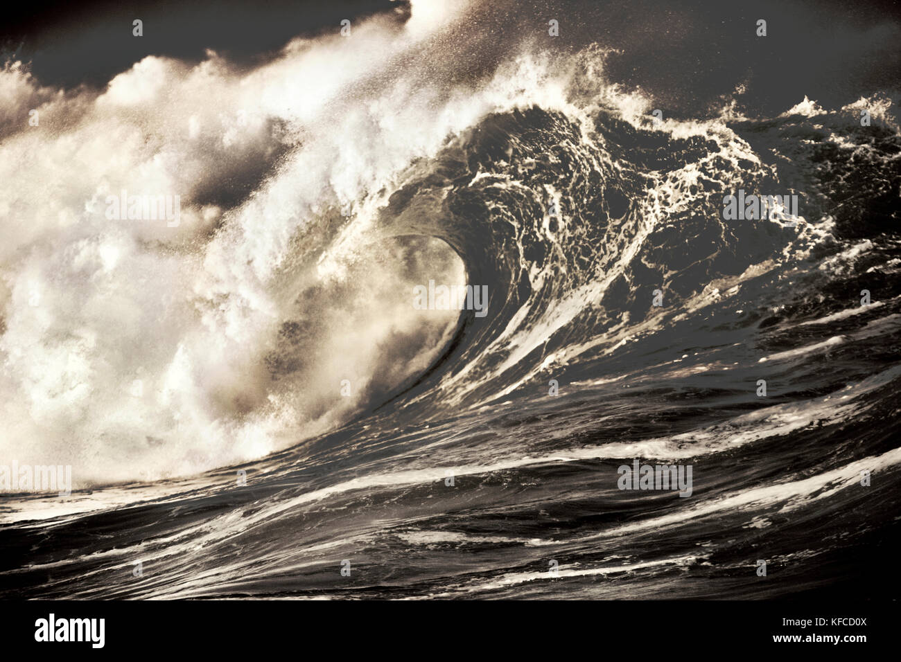 USA, Hawaii, Oahu, large shorebreak Waimea Bay, the North Shore (B&W ...