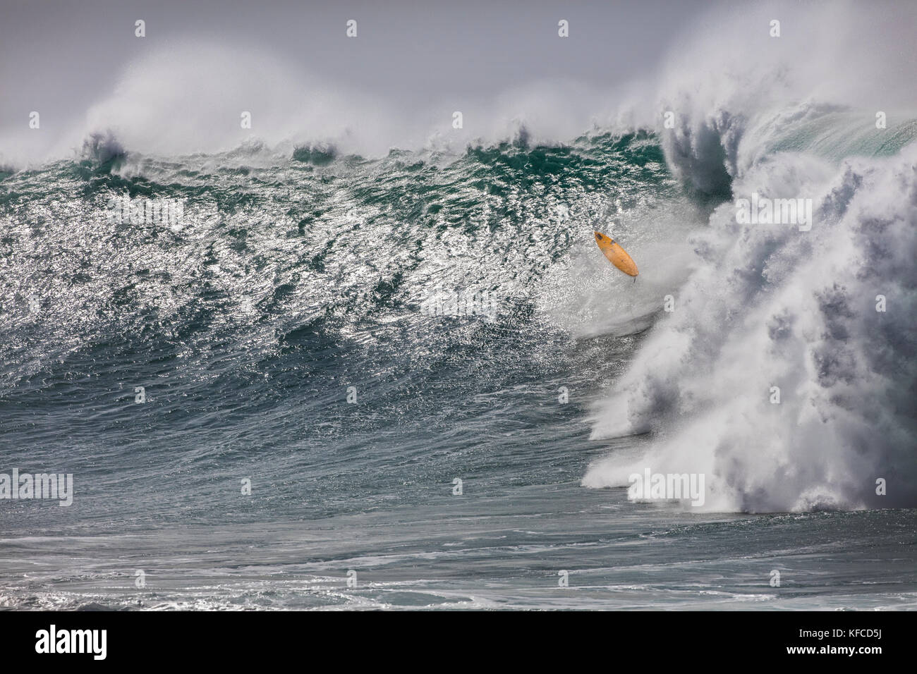 HAWAII, Oahu, North Shore, Eddie Aikau, 2016, surfer wipes out in the ...