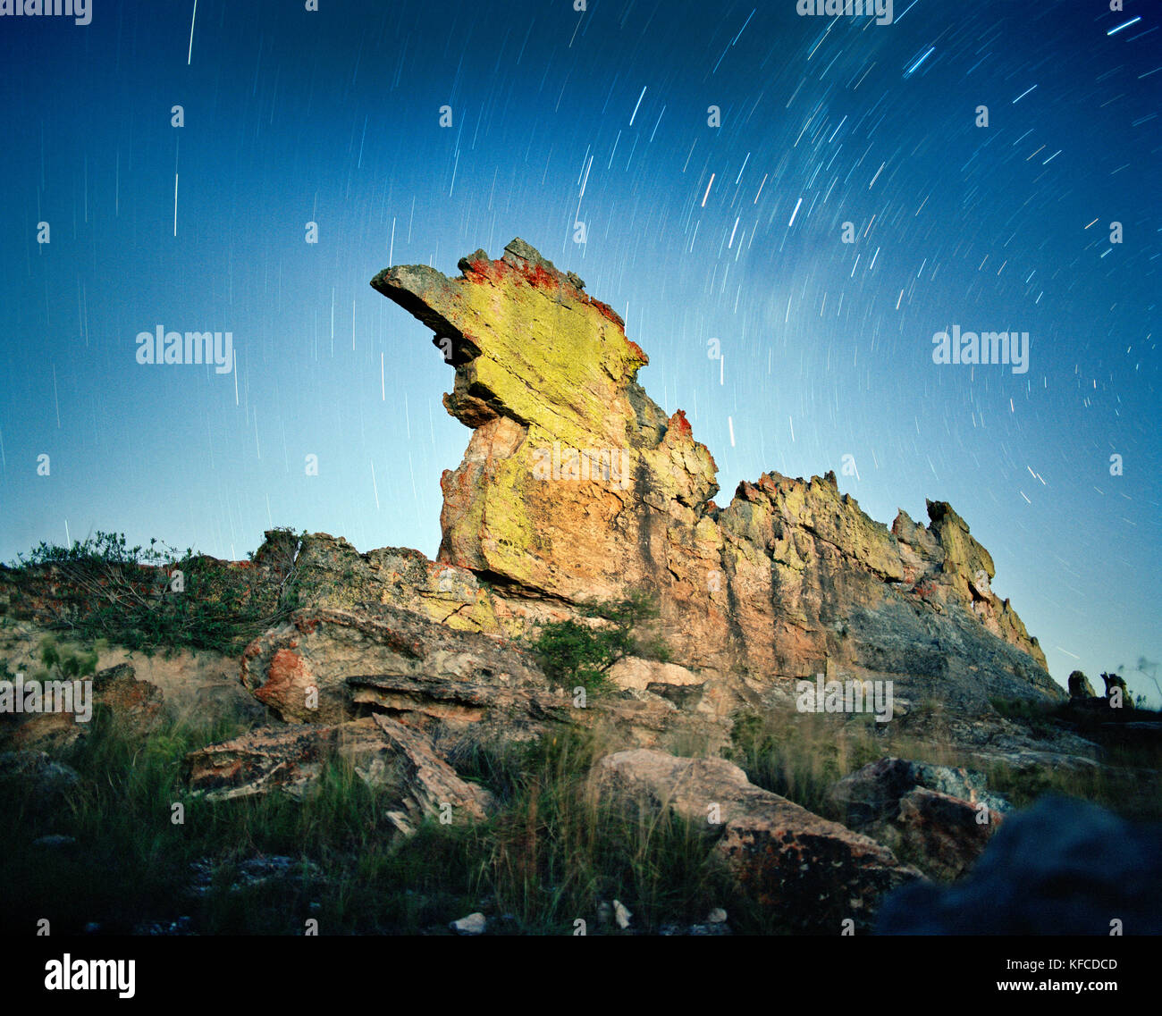 MADAGASCAR, rock formation against blue night sky, stars, Isalo ...