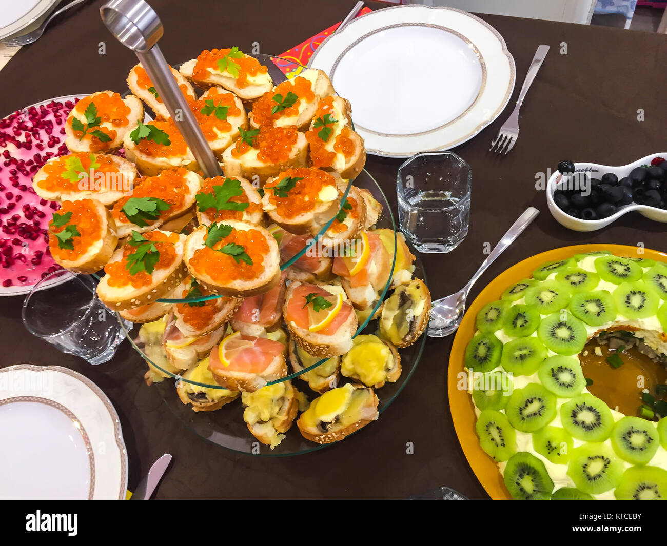 Bruschetta with caviar or salmon on buffet table. Studio Photo Stock ...