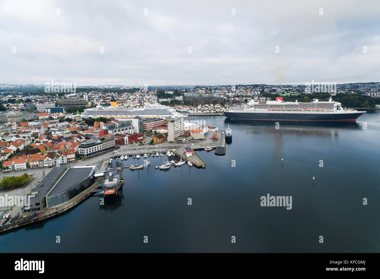 Cruise ships in a harbor of Stavanger at morning, aerial view Stock ...