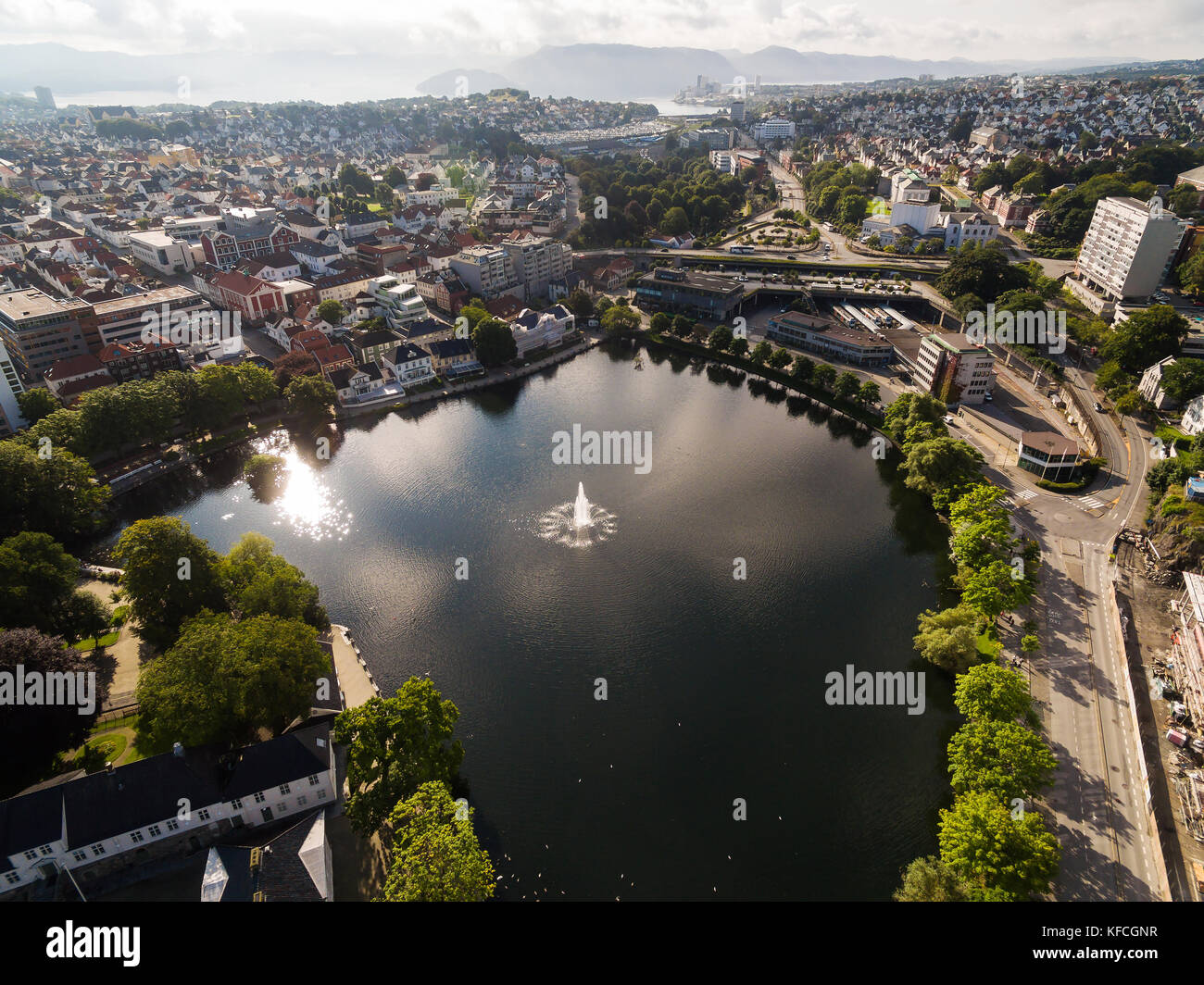 Fountain in the middle of lake in Stavanger city, aerial view Stock ...