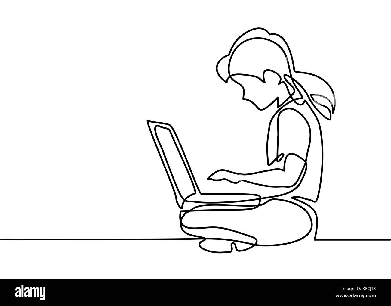 Girl studing with notebook. Back to school concept. Continuous line ...
