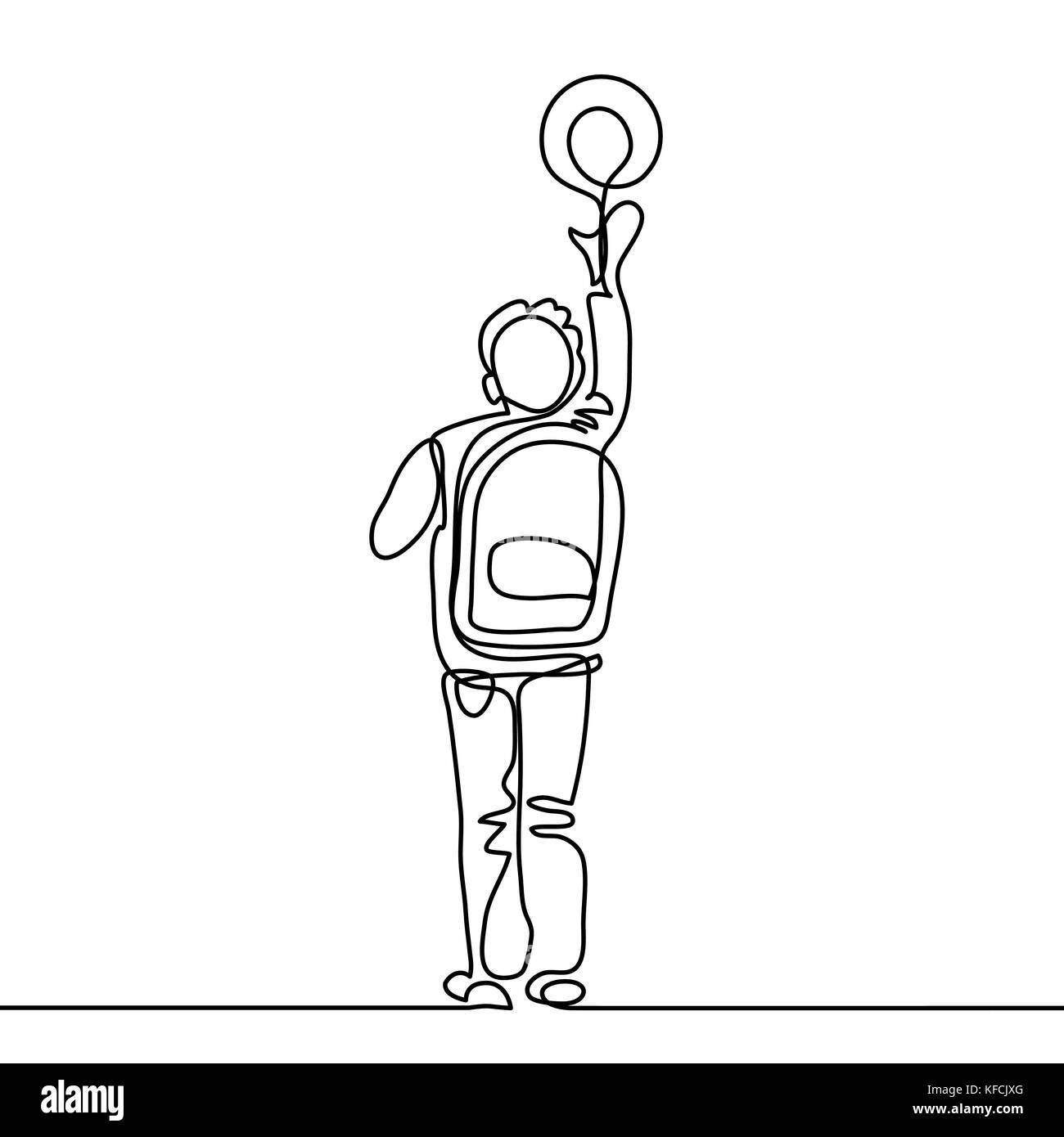Boy with ball going back to school with bag. Continuous line drawing ...