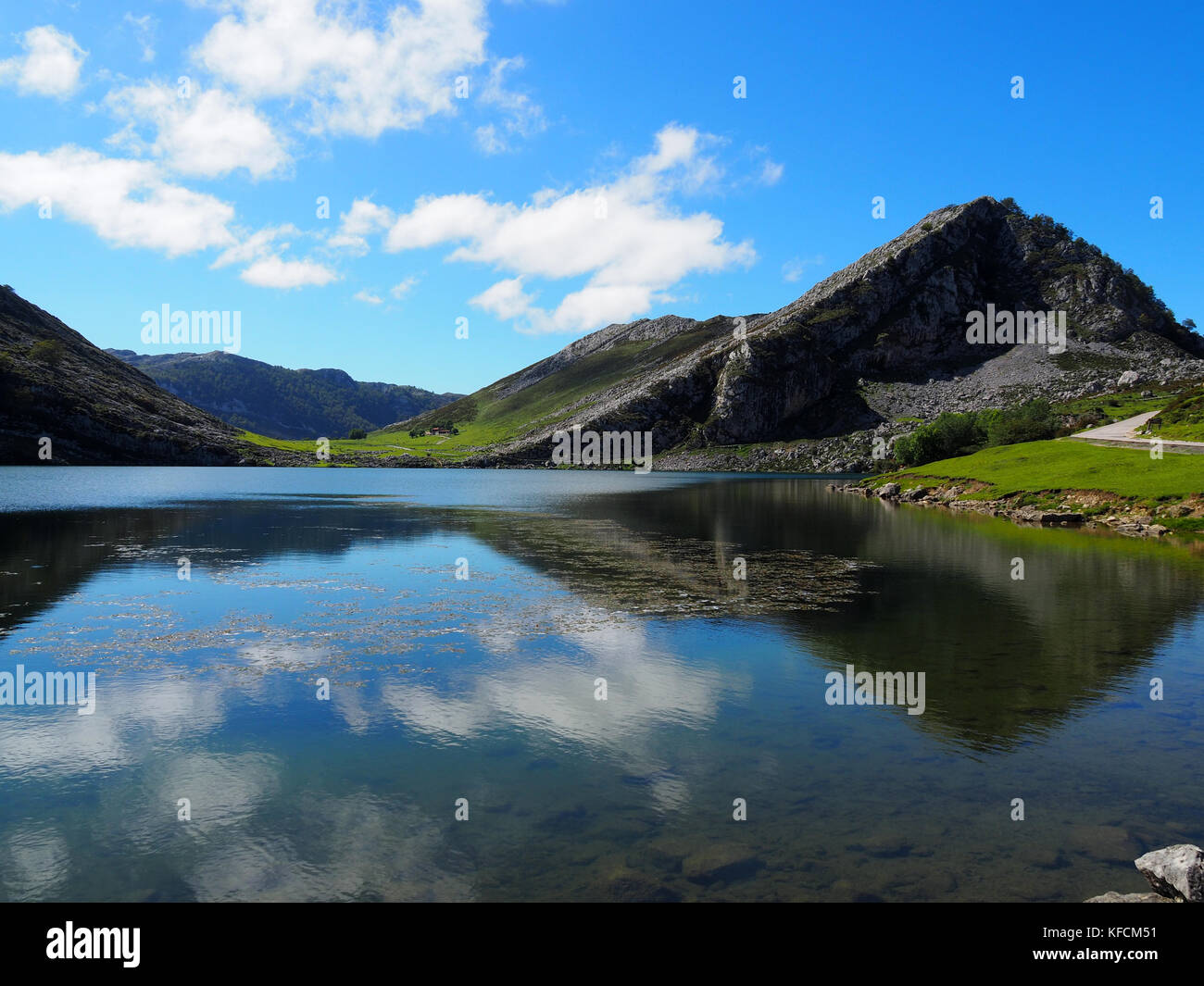 View of Lake Enol at Lakes of Covadonga in Asturias, Spain Stock Photo ...