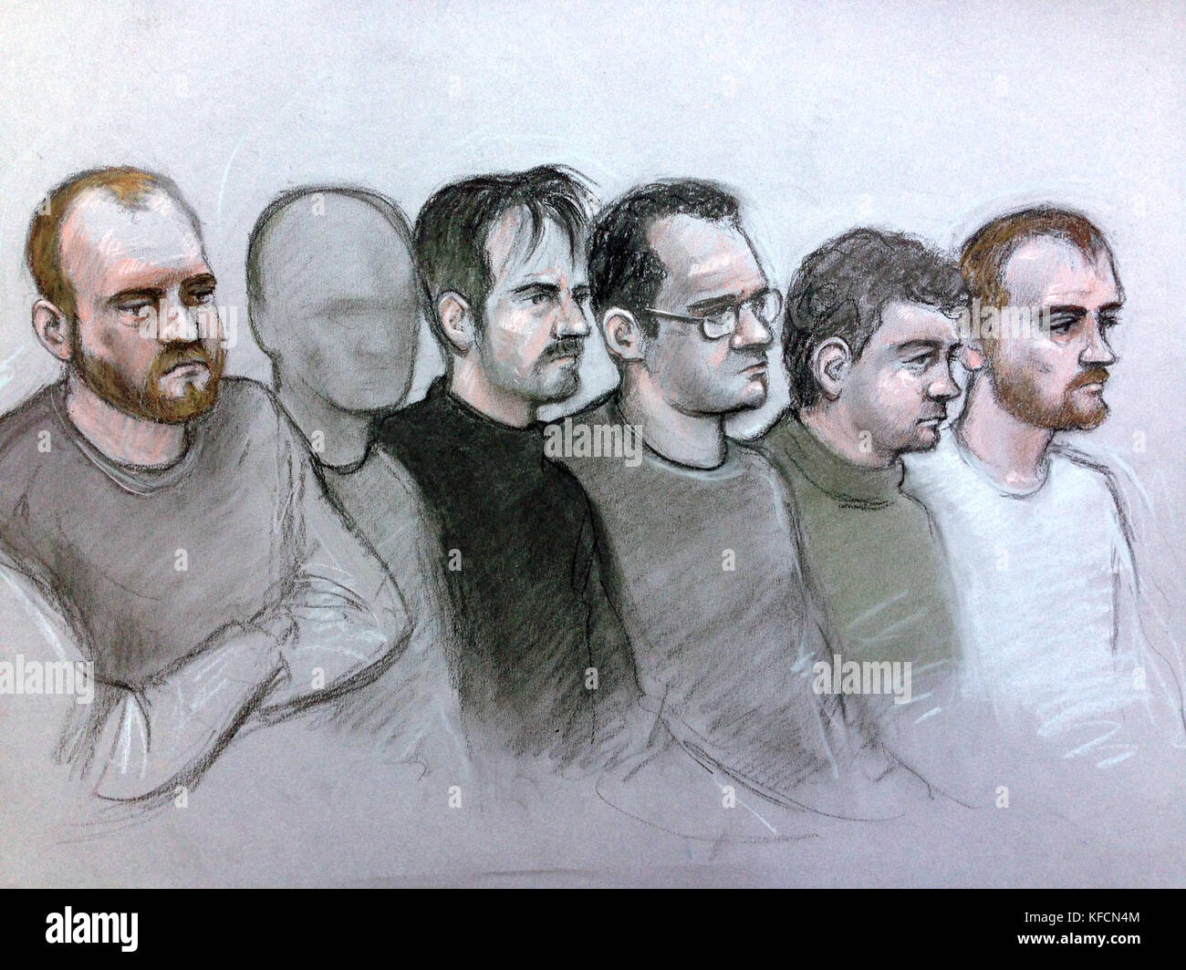 Court artist drawing by Elizabeth Cook of six alleged members of ...