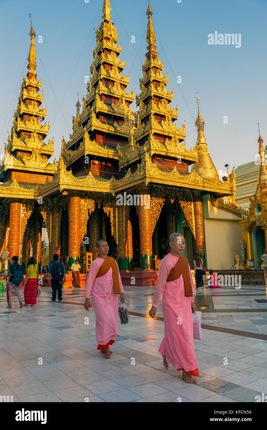 Myanmar (formerly Burma). Yangon. (Rangoon). Nuns walking at Shwedagon Pagoda. Buddhist holy ...