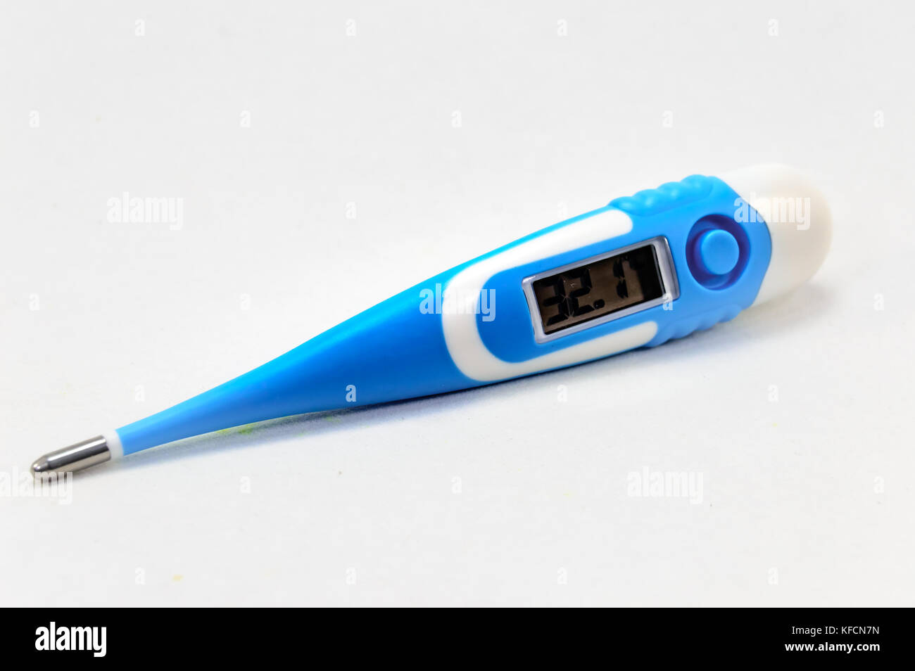 White and blue color temperature thermometer with digital screen on a ...