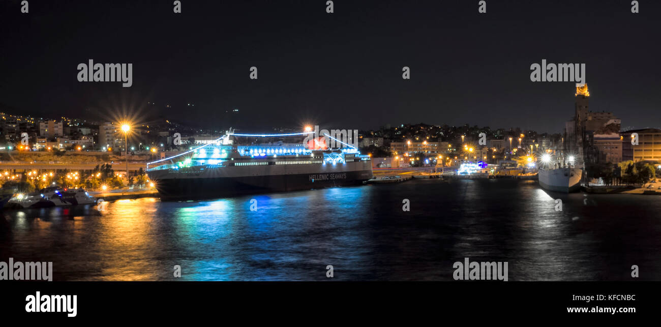 Port of Piraeus, Athens. Greece. An illuminated night-time panoramic ...