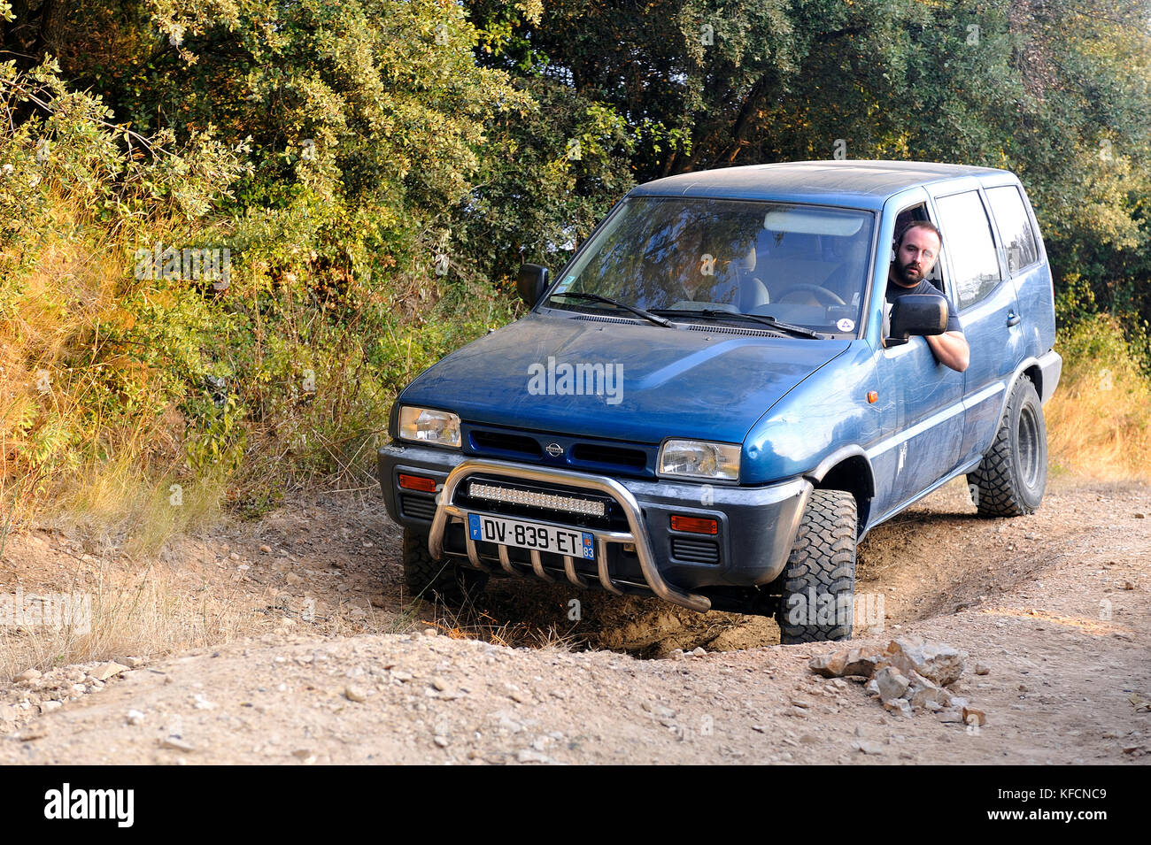 Nissan Terrano in action on a dirt track on a trial circuit Stock Photo ...
