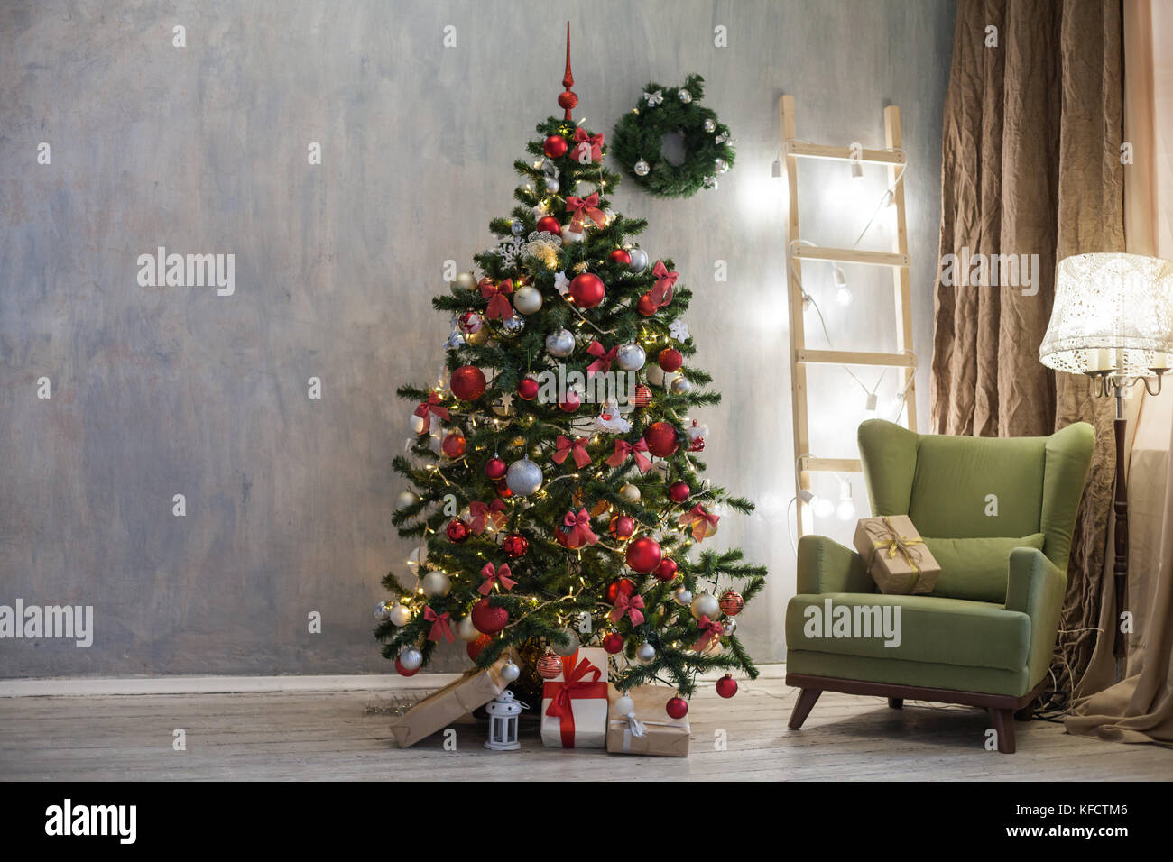 room with Christmas decorations Christmas tree gifts Stock Photo - Alamy