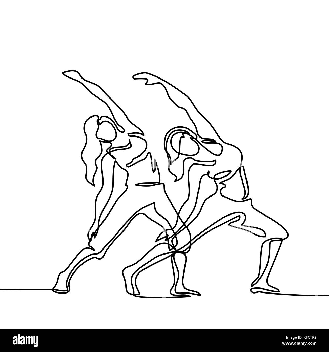 Continuous Line Drawing Two Women Doing Exercise In Yoga Pose Vector